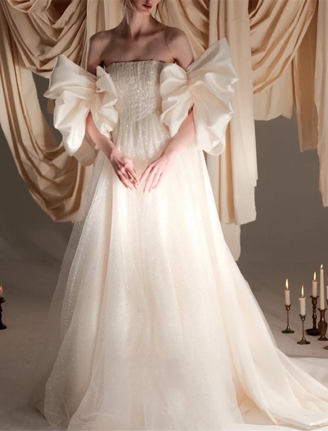 Formal Glitter & Sparkle Wedding Dresses A-Line Square Neck Short Slee ...