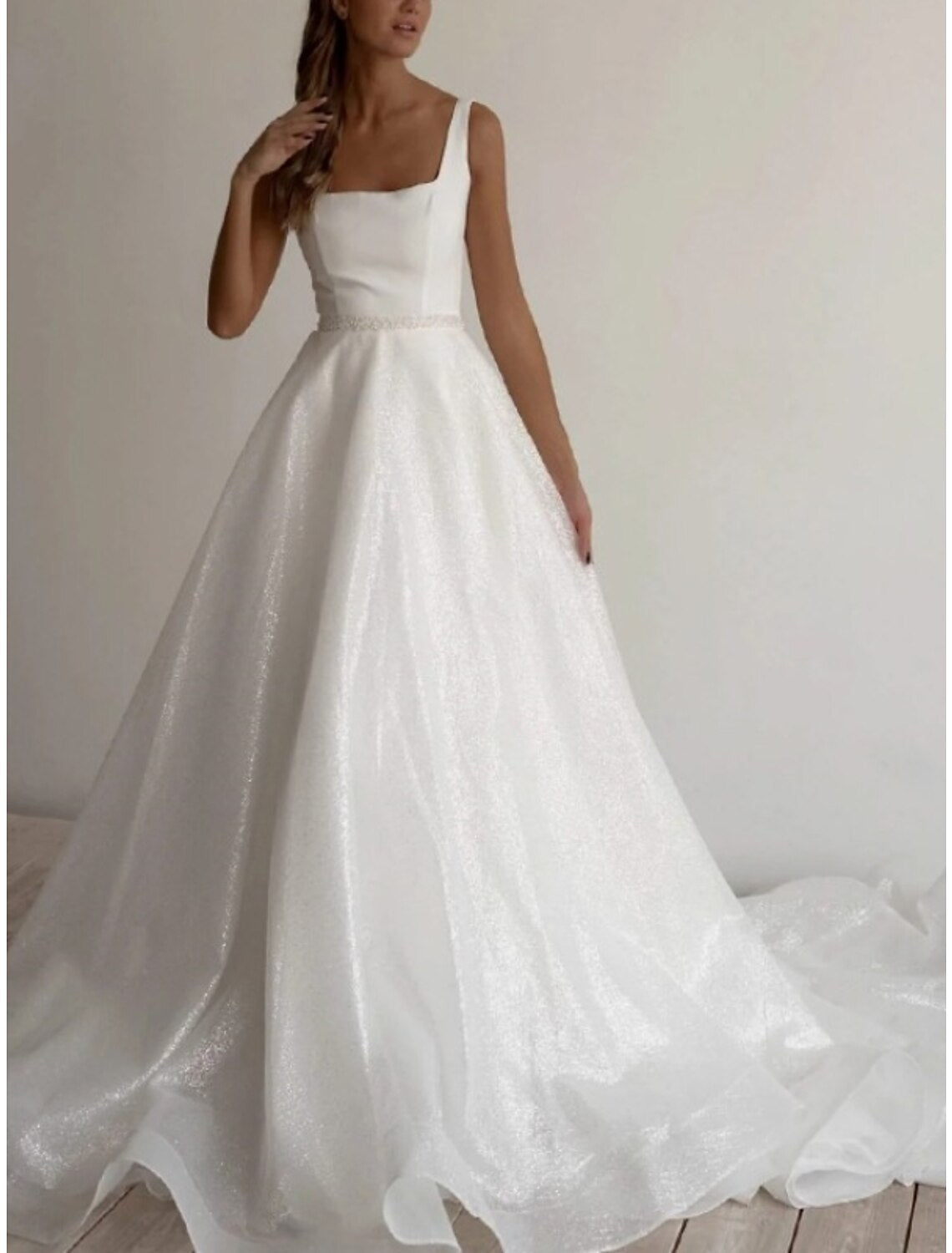 Reception Glitter & Sparkle Wedding Dresses Ball Gown Square Neck Slee ...