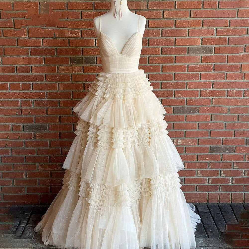 DingJiDress Evening Dresses Elegant A Line Tulle Layered Deep V Neck P