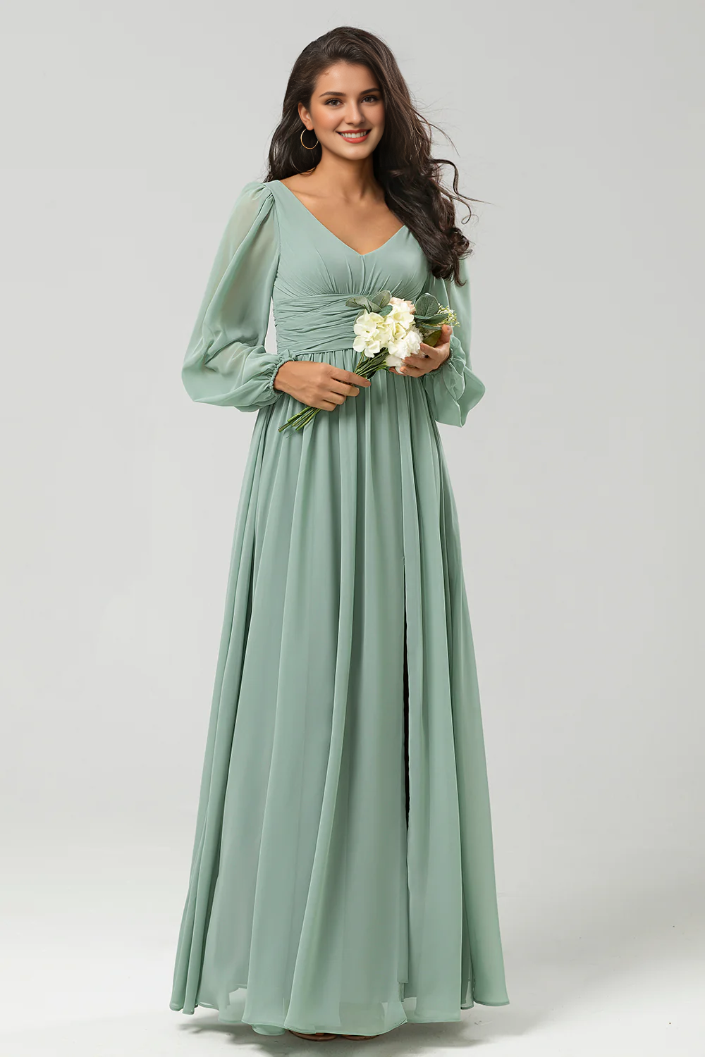 DingJiDress Matcha Elegant A Line Prom Dresses Ruched Chiffon Floor-Le