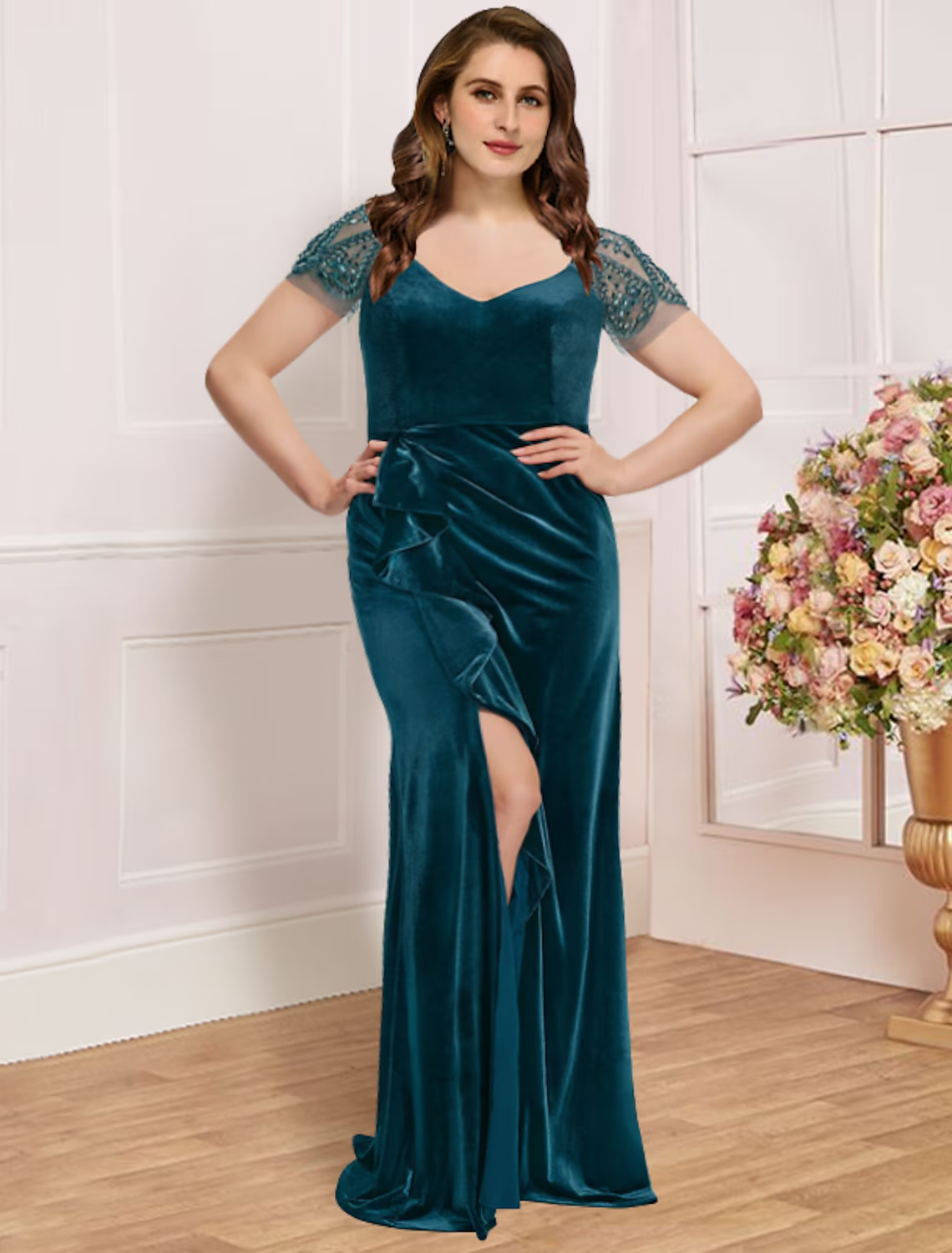 Plus Size Curve Mother of the Bride Dress Formal Vintage Elegant V Nec ...