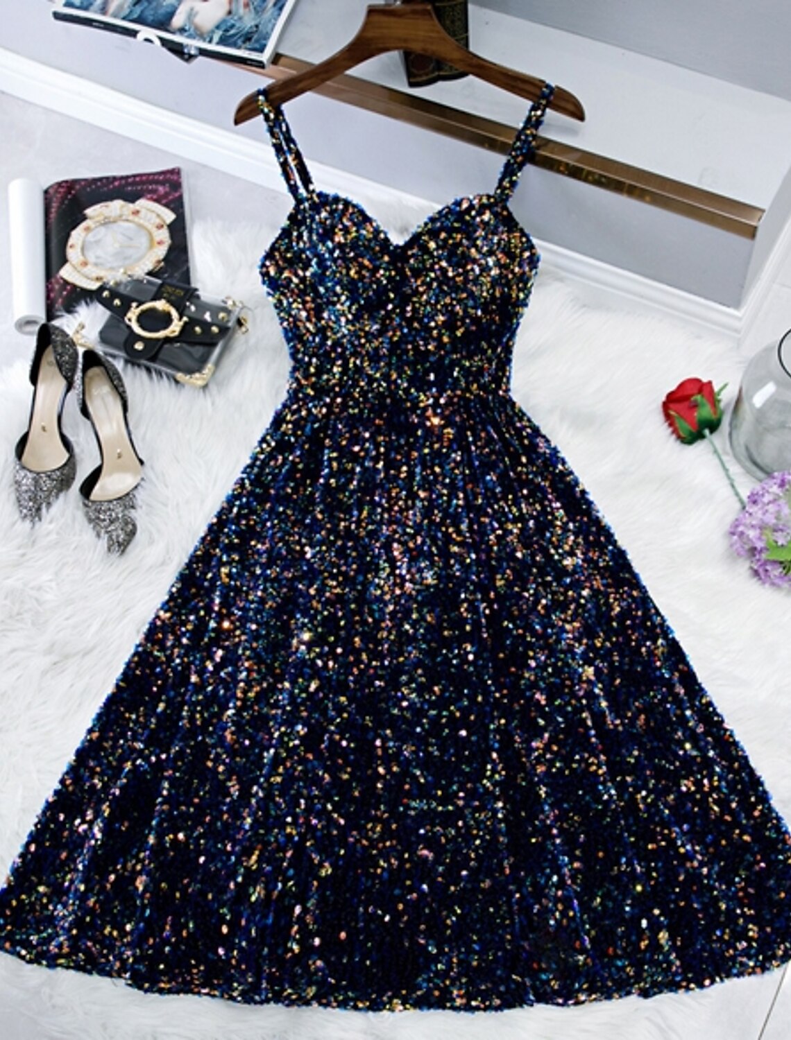 A-Line Sparkle & Shine Holiday Cocktail Party Dress Spaghetti Strap Sl ...