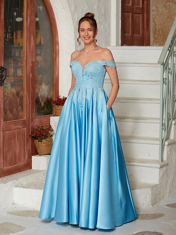 A-Line/Princess Satin Lace Off-the-Shoulder Sleeveless Floor-Length Dr ...