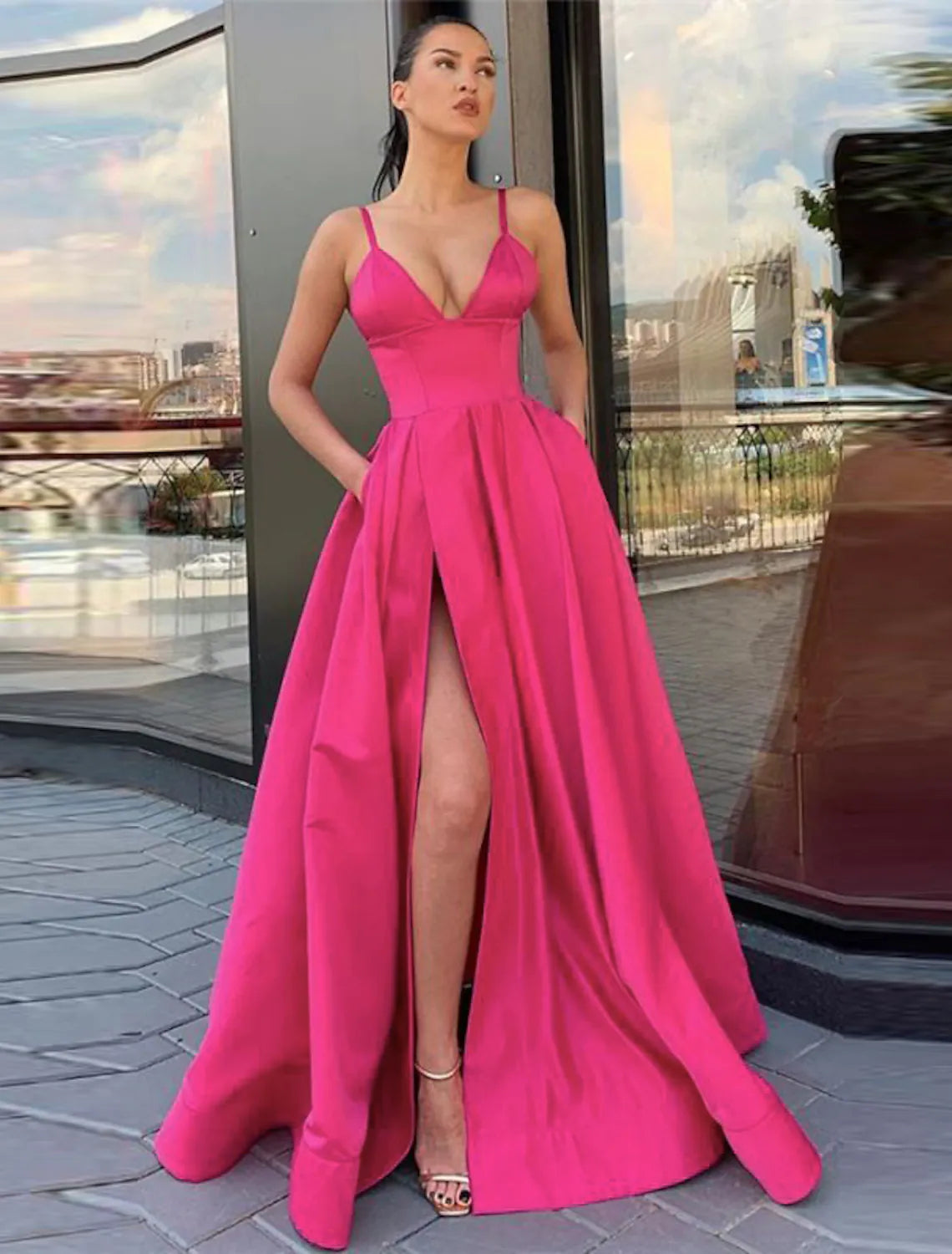 A-Line Prom Dress High Split Evening Dress Formal Birthday Sleeveless ...